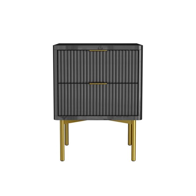 Bedside Table Grey Gloss With 2 Ribbed Drawers Gold Legs Handles by ...