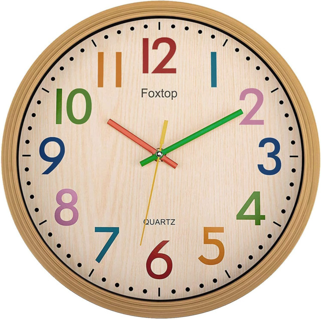 Foxtop Silent Wall Clock 12 Inch Kids Non-ticking Battery Operated by ...