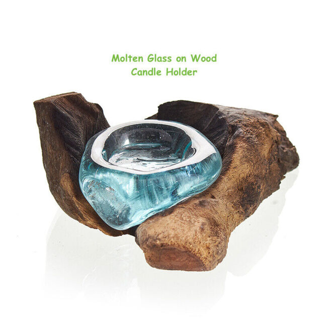 Molten Glass Candle Holder On Rustic Teak Wood Root Planter Ornament by ...
