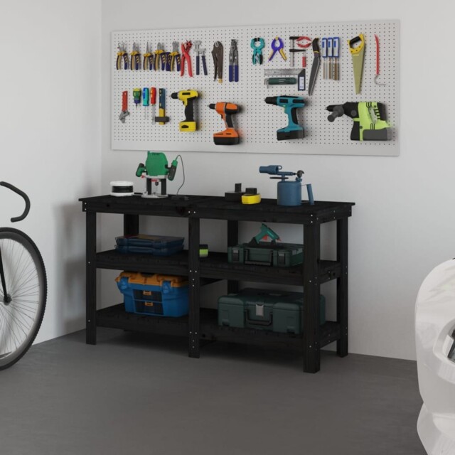 Black Solid Pinewood Work Bench 142.5x50x80 Cm With Ample Storage by ...