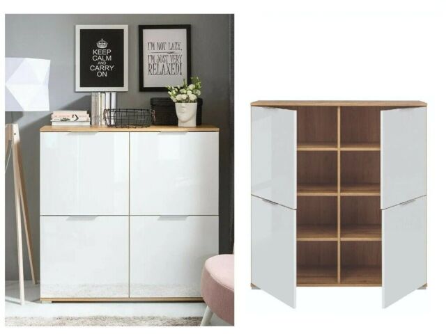Sideboard Cabinet Compact 4 Door Square Storage Unit White Gloss Oak by ...