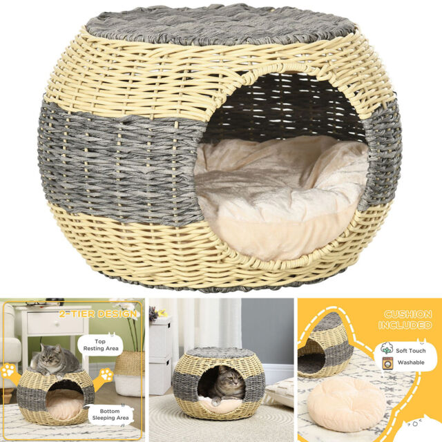 Cat Bed Basket Rattan Wicker Igloo Kitten Raised Cave House With by eBay | ufurnish.com