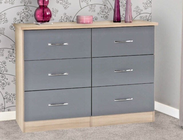 Nevada 6 Drawer Chest Grey Gloss With Light Oak Effect Veneer Metal by ...