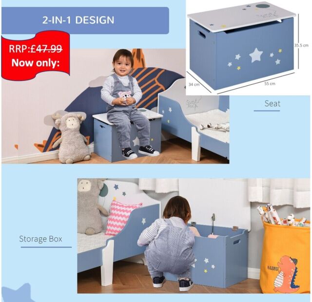 Kids Wooden Toy Box Children Storage Chest Organiser Side Handle Blue ...