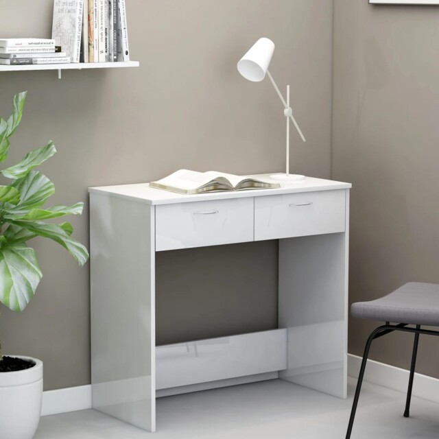 High Gloss White Desk 80x40x75 Cm Engineered Wood With 2 Drawers For by ...