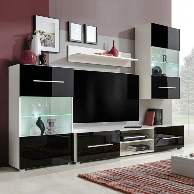 4 Pcs Black High Gloss Wall Display Cabinet Tv Unit With Led Lighting ...