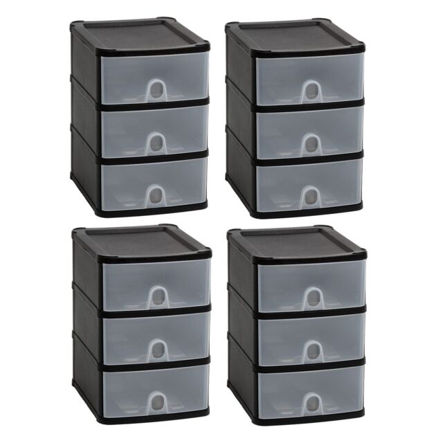 4 X Desktop Handy 3 Clear Drawer Unit Home Office Storage Black Tower ...