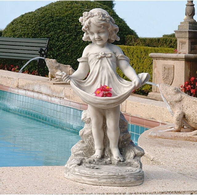 Design Toscano Outdoor Garden Statue With Bird Bath Feeder, Polyresin ...