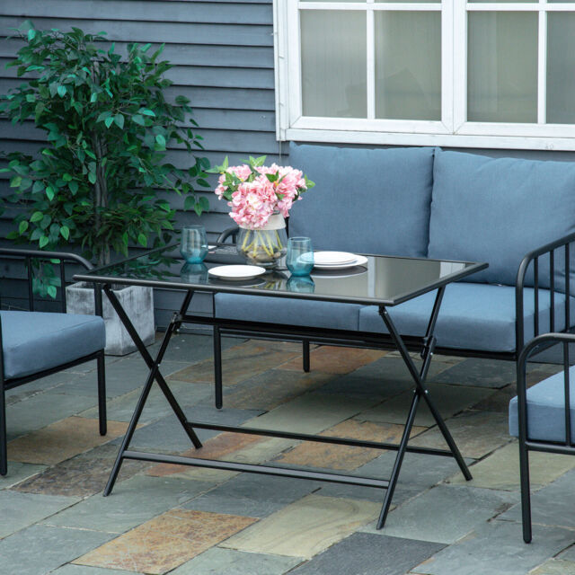 Folding Outdoor Table For 6, Rectangle Glass Top With Parasol Hole by ...