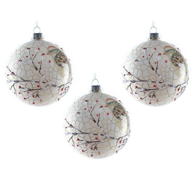Set Of 3 Luxury 80mm Glass Christmas Tree Baubles - Crackle With Bird ...