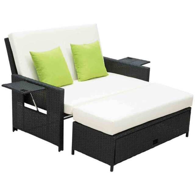 Outsunny Garden Rattan Furniture Set 2 Seater Patio Sun Lounger Daybed ...