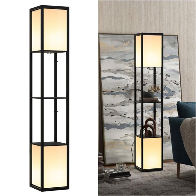 Tall Floor Lamp With 2 Shelves Dual Lampshade Black Body Corner by eBay ...