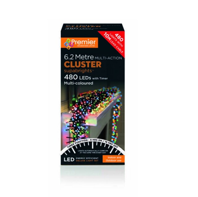 Multi Coloured Led Cluster Christmas Lights 480 Led 6.2m Timer Tree by ...