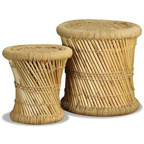 2 Bamboo Stool Set Handmade Chindi Coffee Side Table Seat Stools Home ...