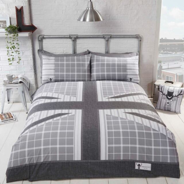 Cool Britannia Single Duvet Cover Set - Grey - Uk Flag Stripes Check by ...