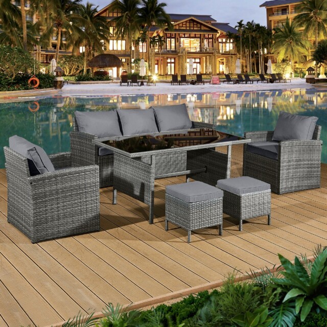 Fiji Rattan Outdoor Patio 7 Seat Lounge Dining Set In Pewter Grey by ...