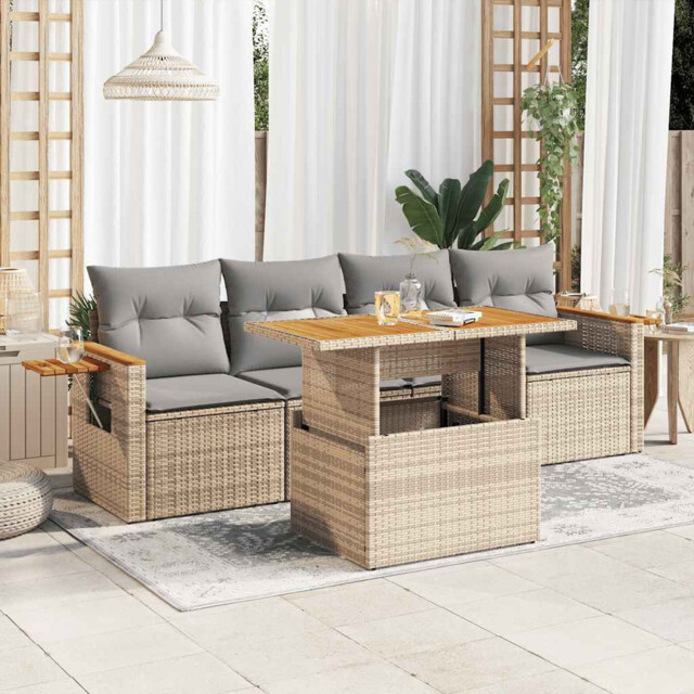 5 Piece Garden Sofa Set With Cushions Beige Poly Rattan Acacia Vidaxl ...