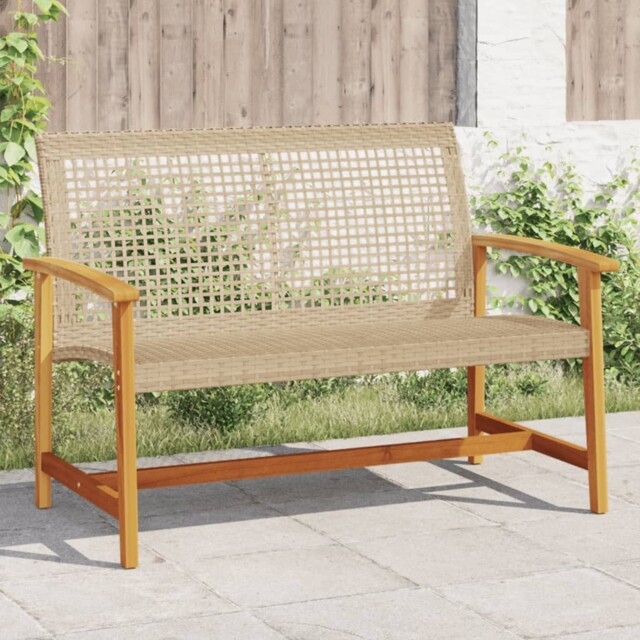 Beige 112 Cm Garden Bench, Pe Rattan & Acacia Wood, Metal Frame, by ...