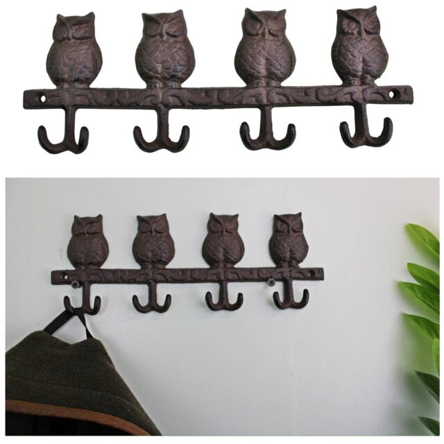 Cast Iron Rustic Owls Coat Hooks Rack Wall Mount 4 Double Hook Heavy by ...