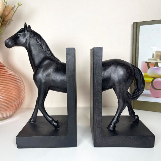 Large Horse Bookends Set Black Resin Heavy Animal Office Book Shelf by ...