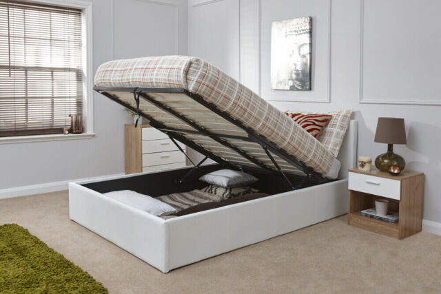 End Lift King Ottoman Faux Leather 5ft Gas Lift Up Storage Bed White by ...