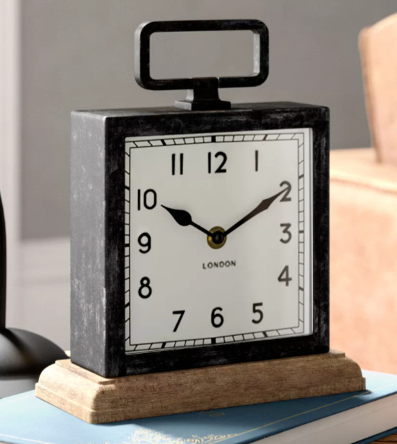 Metal Mantel Clock Wooden Base Home Decor Living Room Distressed Black ...