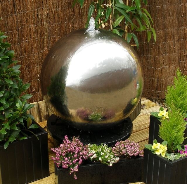 Silver Sphere Water Feature Fountain Cascade Contemporary Stainless by ...