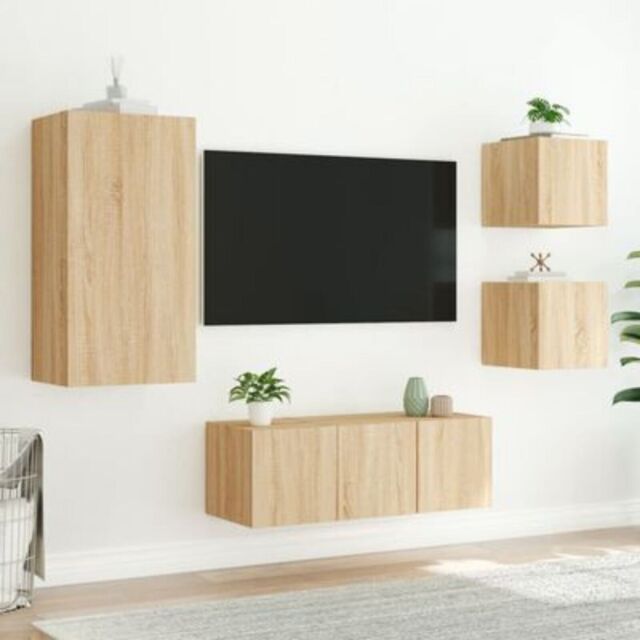 5 Piece Tv Wall Unit Display Floating Tv Stand Side Cabinet Engineered ...