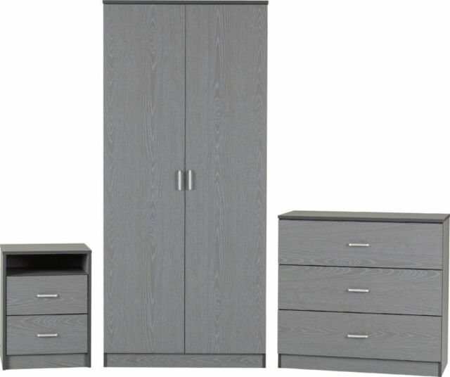 3pce Set Grey 2 Door Wardrobe 3 Drawer Chest & 2 Drawer Bedside Chest ...