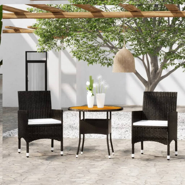 3 Piece Garden Bistro Set Poly Rattan And Solid Wood Black Vidaxl by ...