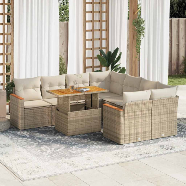 9 Piece Garden Sofa Set With Cushions Beige Poly Rattan Acacia Vidaxl ...