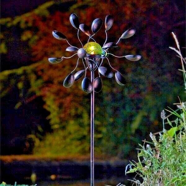 Large Solar Power Led Copper Wind Spinner Garden Stake Windmill Light ...