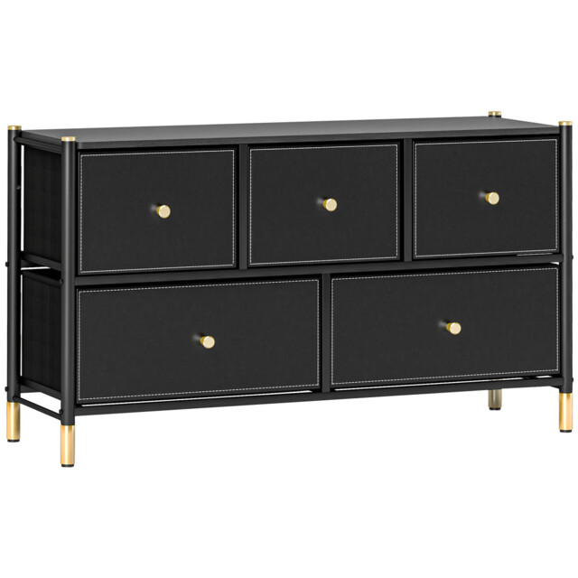 Chest Of Drawers Black Pu Leather 100x30x58cm Steel Frame Mdf 5-drawer ...