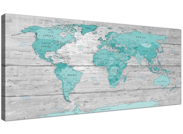 Large Teal Grey Map Of World Atlas Canvas Wall Art Print 120cm Wide ...
