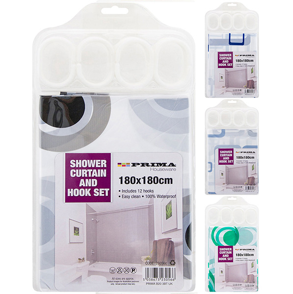 Shower Curtain And Hook Set 180 X 180cm Waterproof Easy Clean Prima by ...