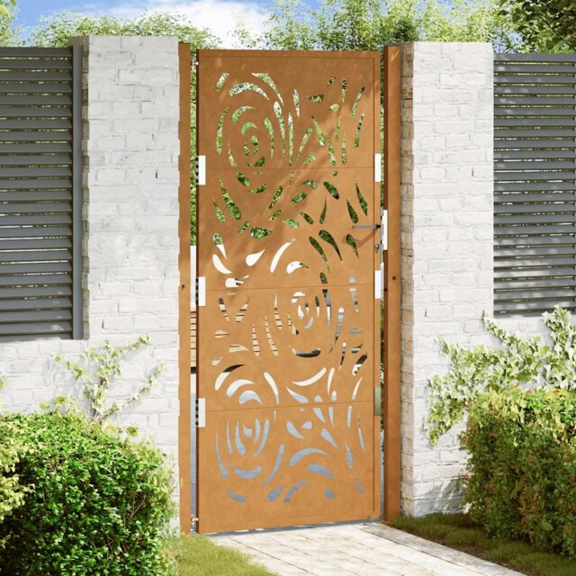 Brown Weathering Steel Garden Gate 105x205 Cm With Flame Design & Lock ...