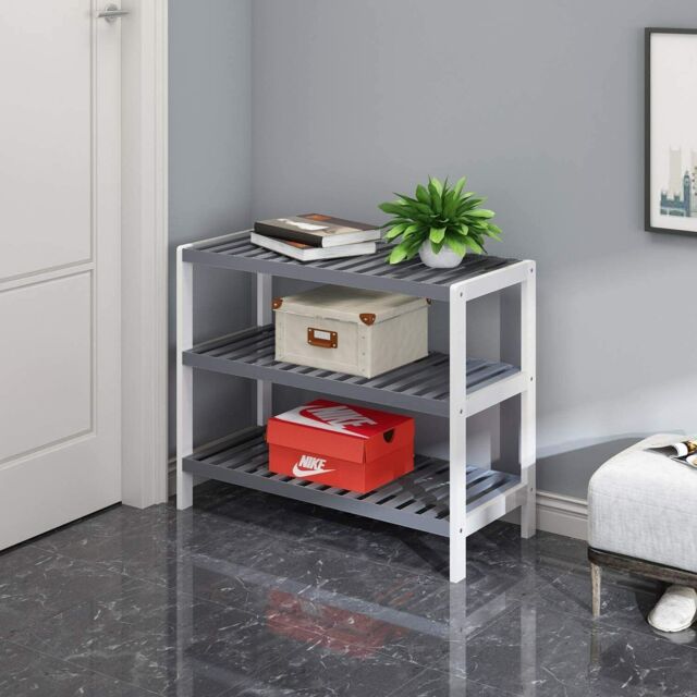 3 Tier Natural Bamboo Grey Shoe Rack Organiser Stand Storage Shelf by ...