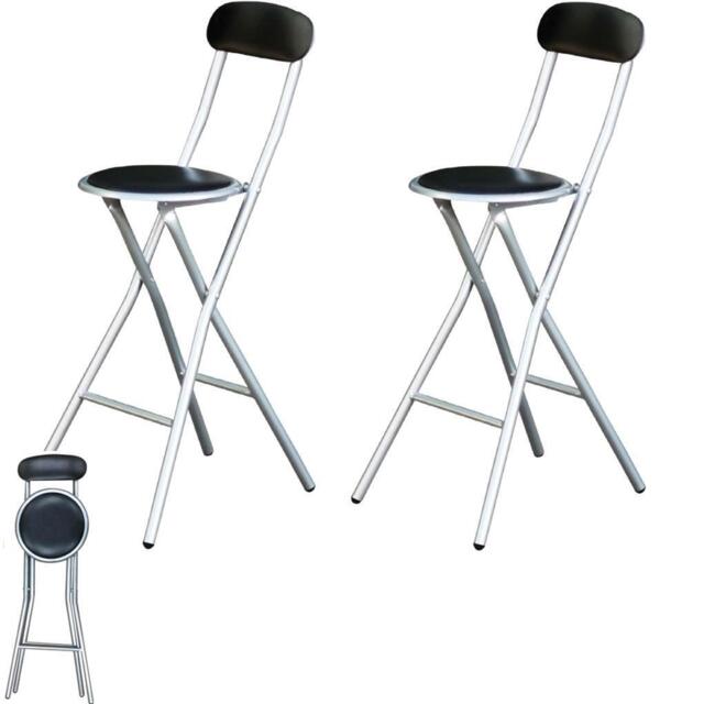 2 X Folding Compact Breakfast Bar Stools Chairs Back Rest Black Padded ...