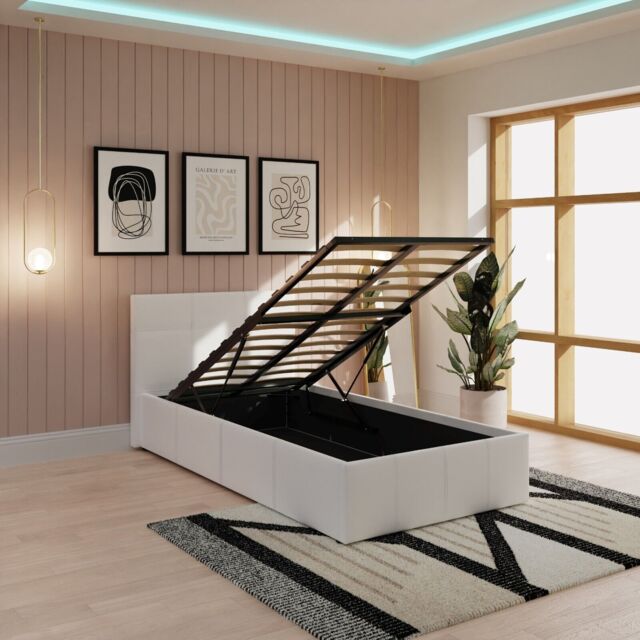 End Lift Ottoman Bed 3ft Single Faux Leather Storage Bed White Gas by ...