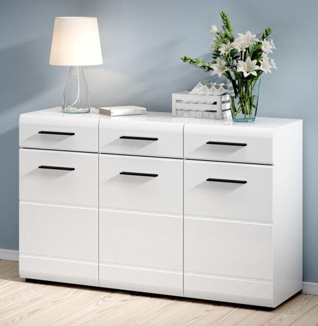 Large Sideboard Cabinet Storage Unit Doors Drawers Black Legs White by ...