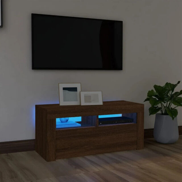 Industrial Rustic Brown Oak Wooden Tv Tele Stand Unit Cabinet With Led ...