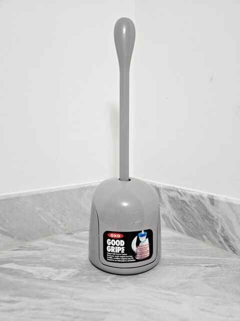 Oxo Good Toilet Brush & Canister Plastic Grey Open Close Built-in Drip ...