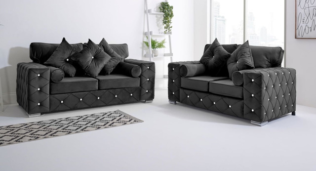 Milton Plush Velvet Sofa Set - 3 Seater & 2 Seater - Diamond Detail ...