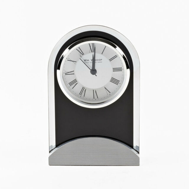 Widdop Mantel Clock Arched Black Glass Panel Aluminium Base Roman Dial ...
