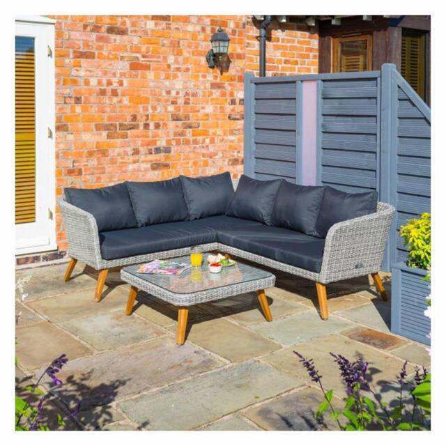Garden Rattan Corner Sofa Table Set Rowlinson Hanoi Silver Grey Rattan ...
