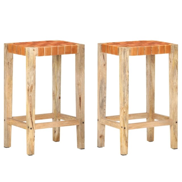 Solid Mango Wood 2x Real Leather Bar Stools Black/brown 60 Cm/75 Cm by ...