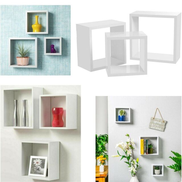 Set Of 3 Wooden Floating Cube Shelves Wall Mount Disply Square Box by ...