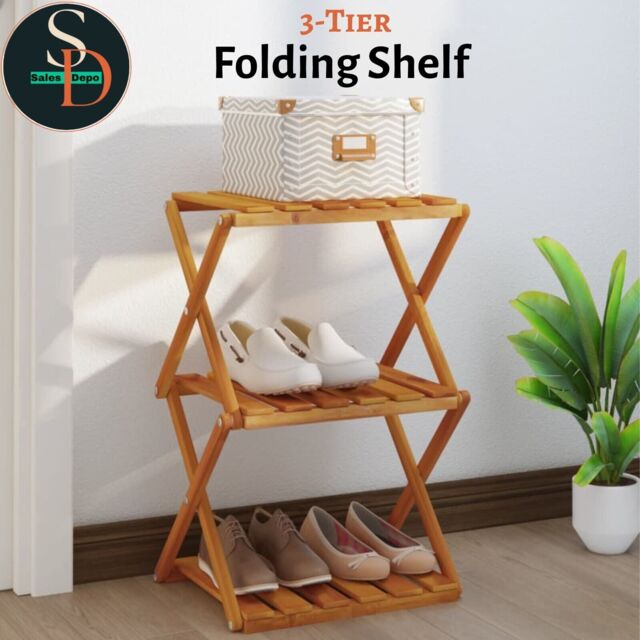 3-tier Folding Shelf Shoe Rack Shoe Storage Shelf Brown Solid Wood by ...