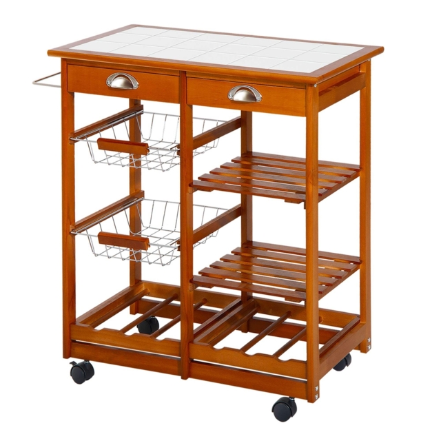 Homcom Wooden Kitchen Trolley Tile Top W/6-bottle Wine Rack Island by ...