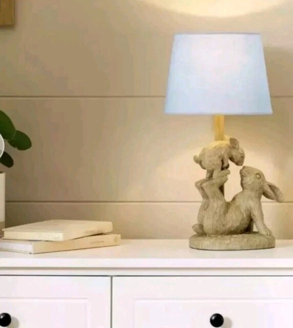 39cm Hare Bunny Table Lamp Rustic Oak Effect Base And Light Blue Shade ...